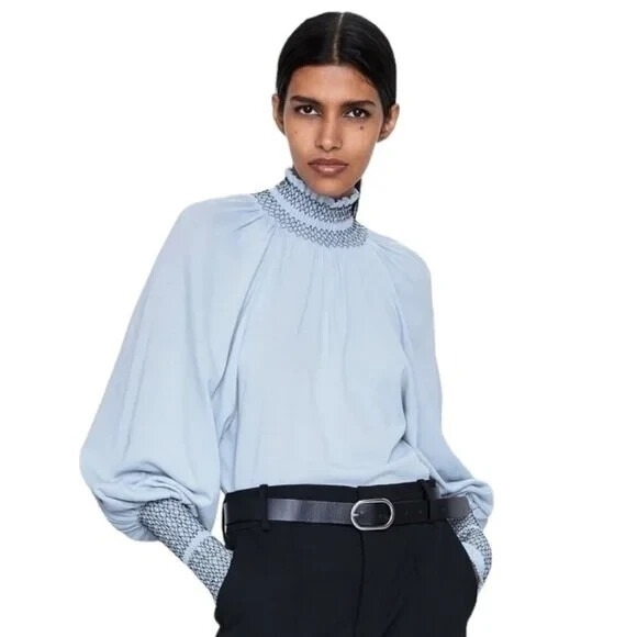 Zara | Tops | Zara Blue Smocked Top With Balloon Sleeves | Poshmark